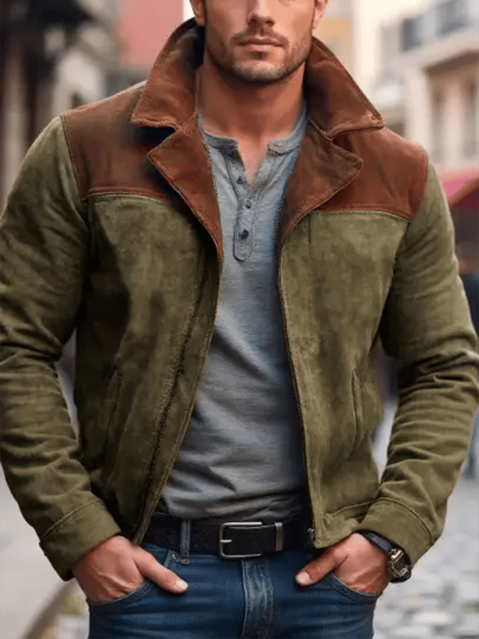 Men's Vintage Suede Colour Block Reversible Outdoor Jacket Last Day 80 ...